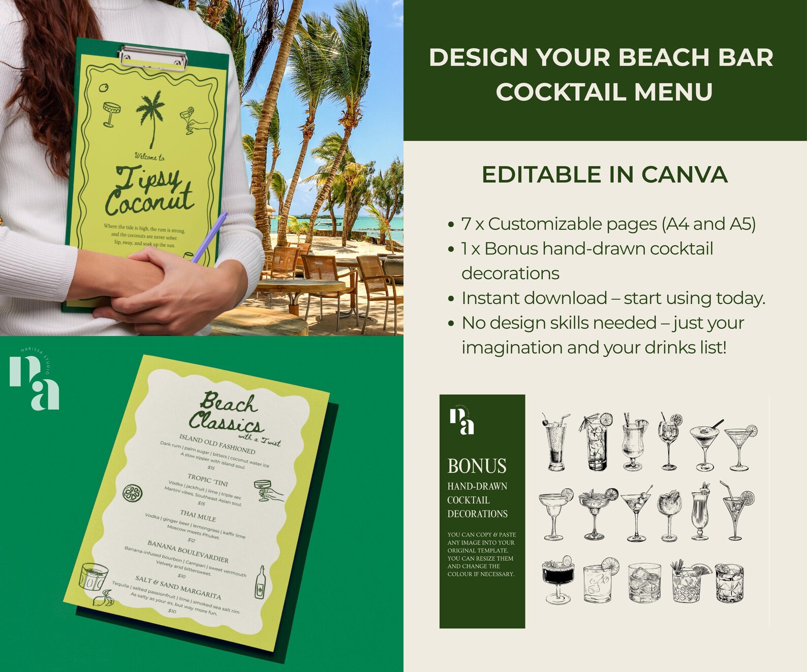 Printable Beach Bar Cocktail Menu Template, Tropical Green Yellow ...