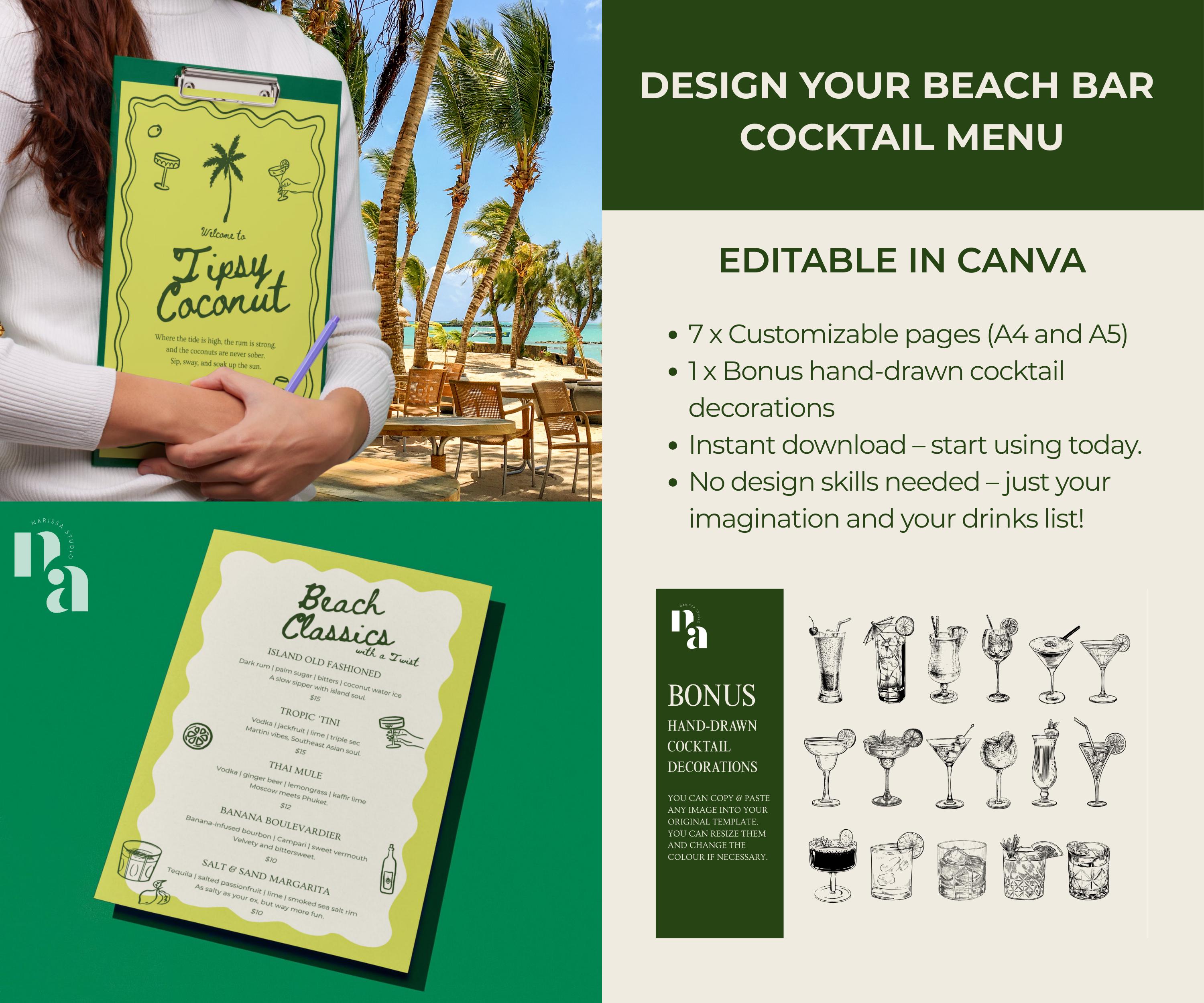 Printable Beach Bar Cocktail Menu Template, Tropical Green Yellow ...