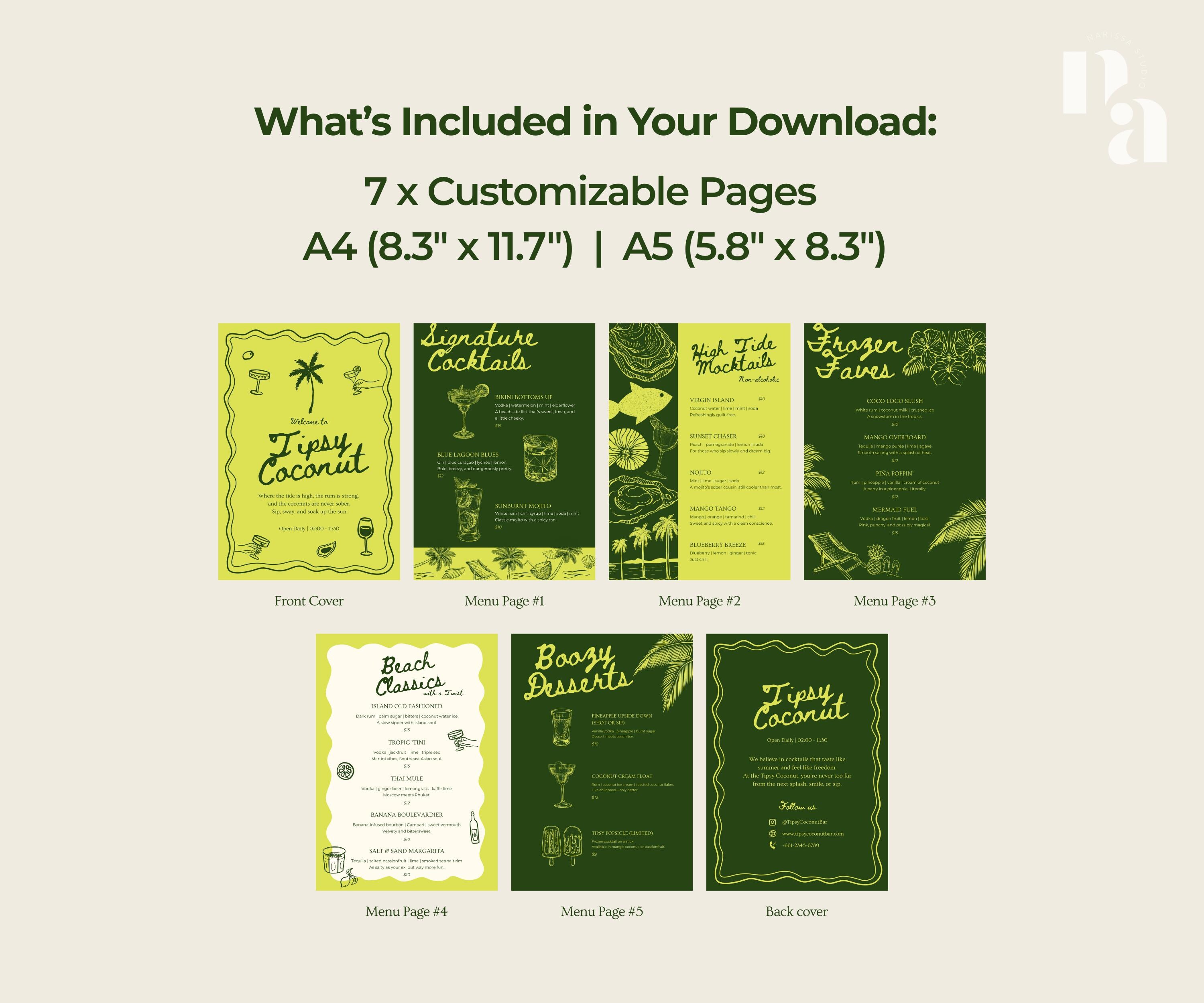Printable Beach Bar Cocktail Menu Template, Tropical Green Yellow ...