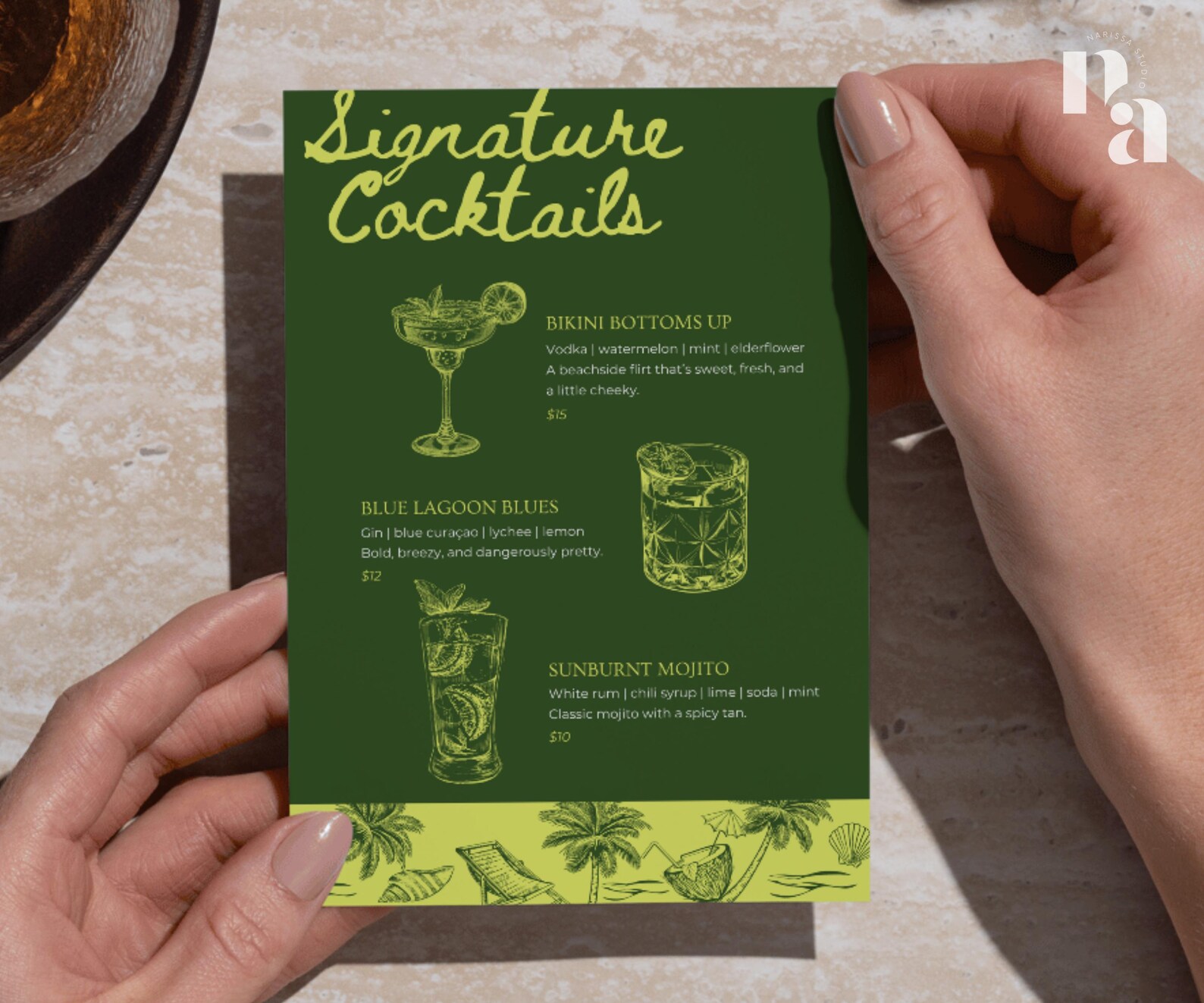 Printable Beach Bar Cocktail Menu Template, Tropical Green Yellow ...