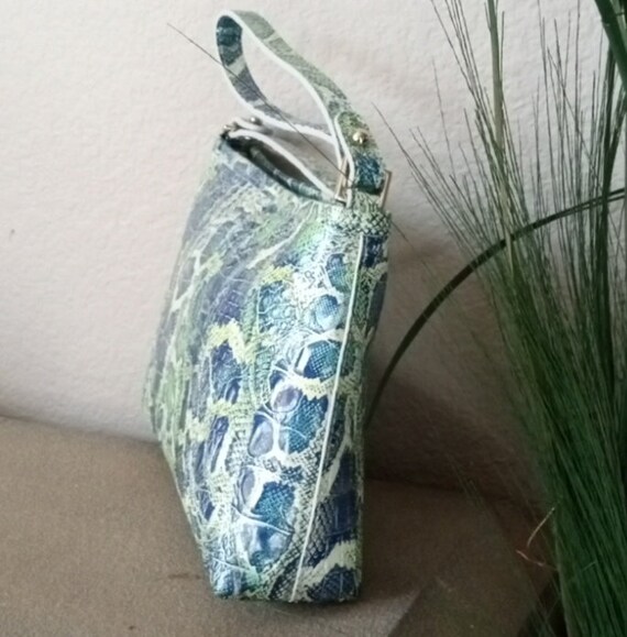 BRAHMIN Blue Green Alligator Embossed Snake Print Bag… - Gem