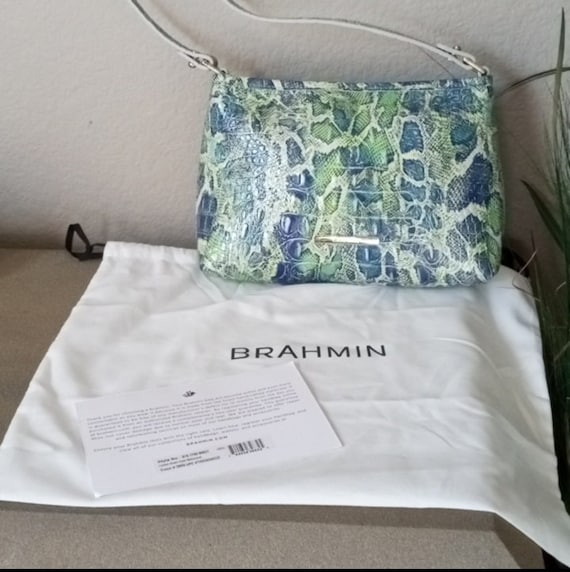 BRAHMIN Blue Green Alligator Embossed Snake Print Bag… - Gem