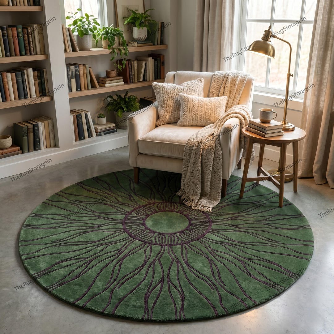 Green Round Rug, Floral Sunburst Design, Botanical Area Rug, Living ...