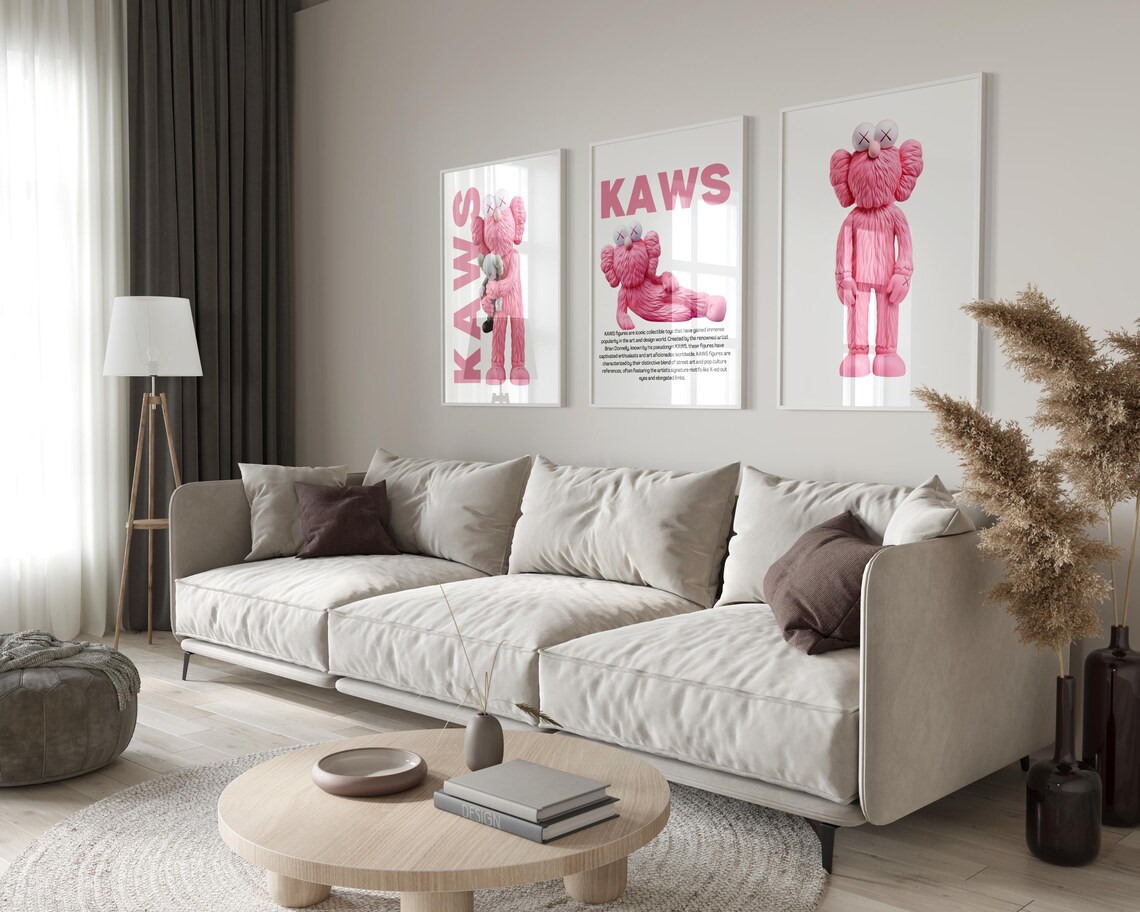 Kaws Wall Art, Kaws Prints Set of 3: Pink Hypebeast Figure Posters ...