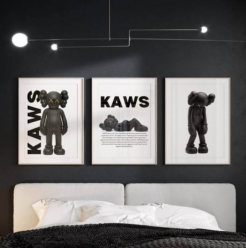 Kaws Wall Art, Kaws Prints Set of 3: Black Hypebeast Figure Posters ...