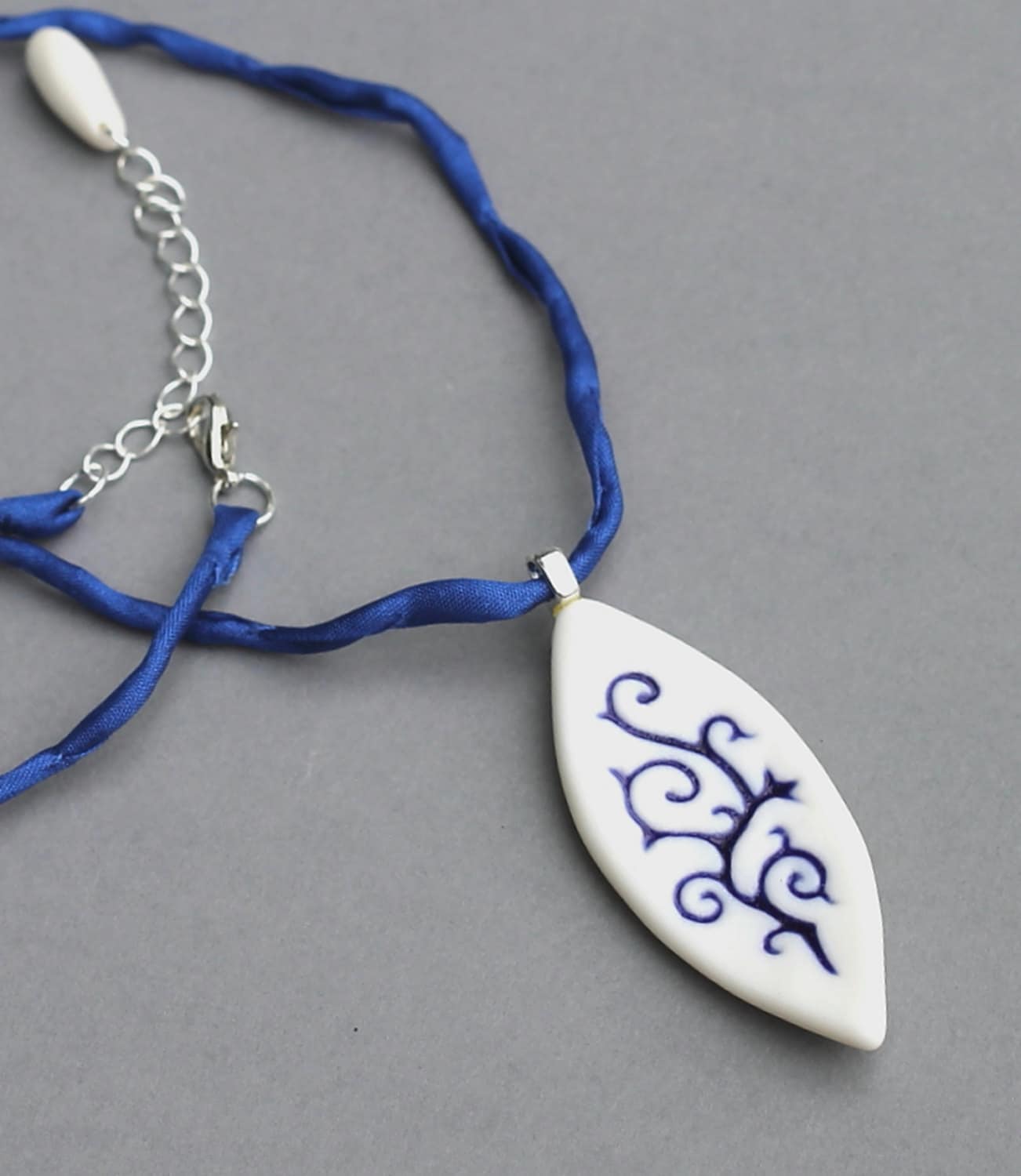 Porcelain Handmade Pendant Necklace "ornamental". Blue Pattern White ...