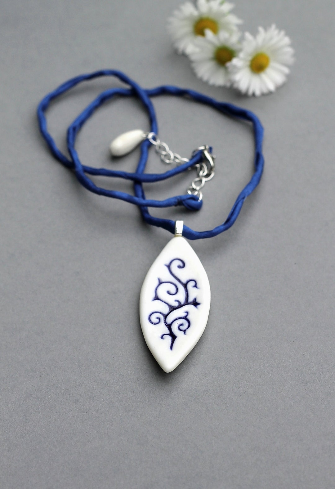 Porcelain Handmade Pendant Necklace "ornamental". Blue Pattern White ...