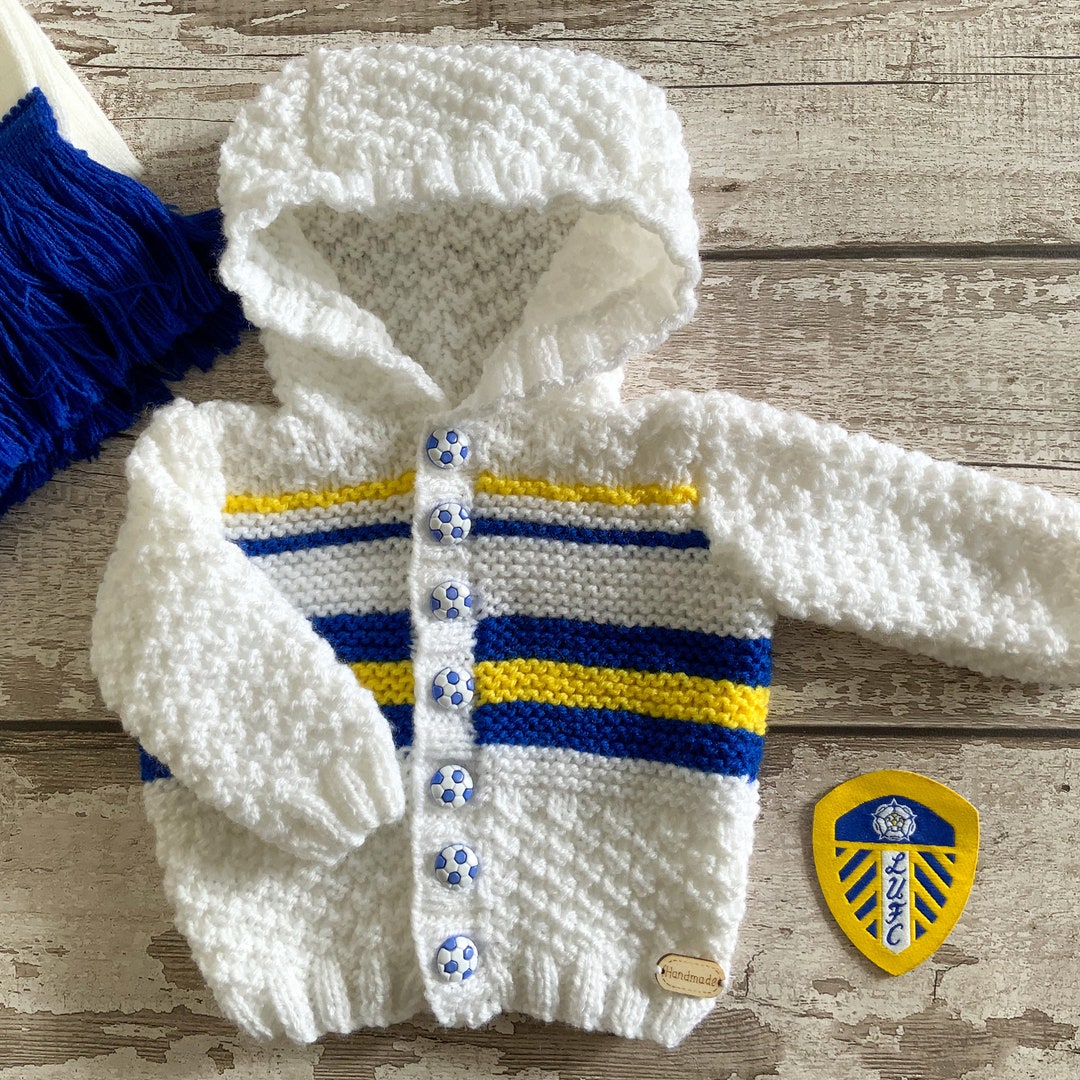 Leeds United Inspired Baby Cardigan. Unisex Hand Knit Baby Sweater With ...