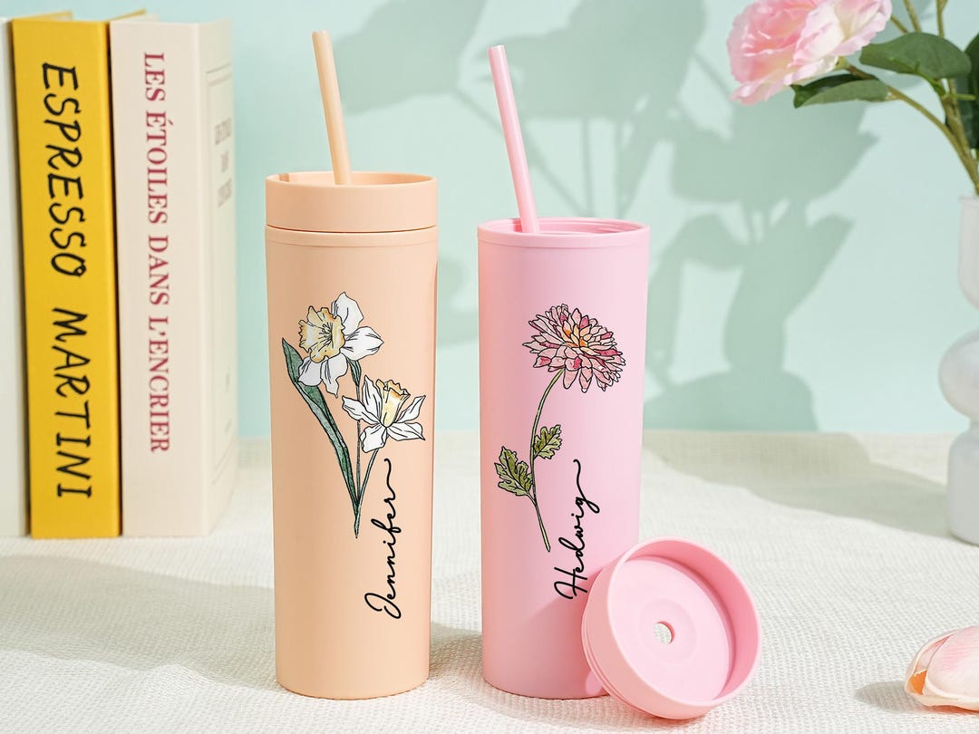 Personalized Straw Tumbler With Names, Colored Birthday Flower Straw ...