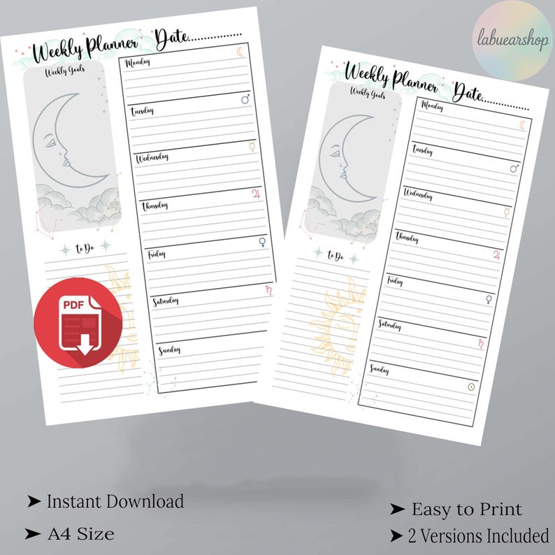 Boho Moon & Sun Weekly Planner Printable | Celestial Planner Template ...