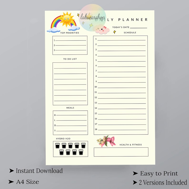 Sun & Rainbow Daily Planner Printable, Daily to Do List PDF, Cute ...
