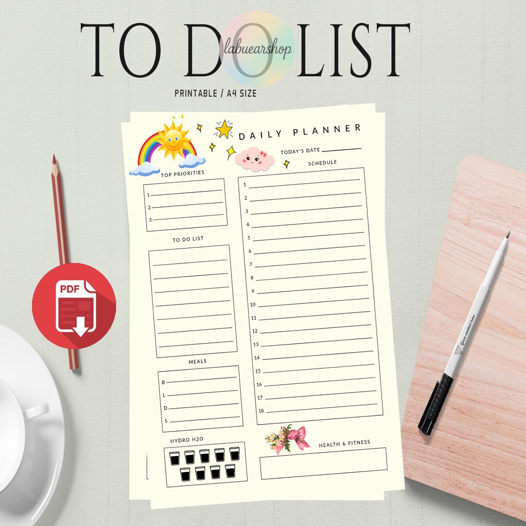 Sun & Rainbow Daily Planner Printable, Daily to Do List PDF, Cute ...