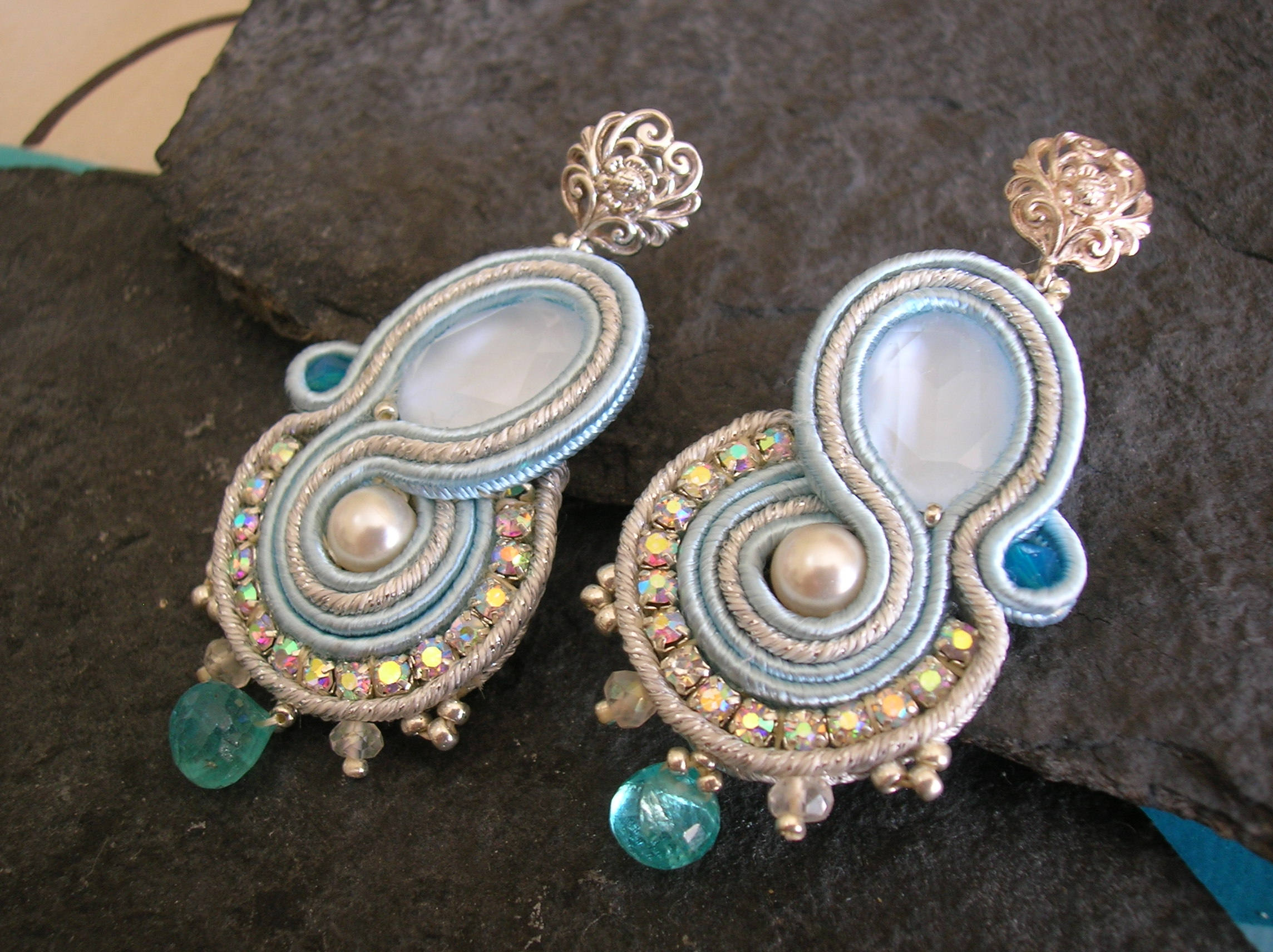Light Blue and Silver Soutache Earrings, Swarovski Earrings, OOAK, Hand ...