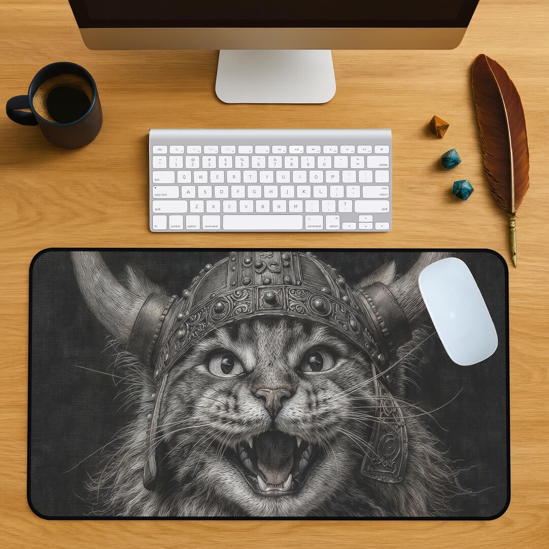 Viking Cat Desk Mat: Smiling Warrior, Nordic Gamer Mouse Pad - Etsy