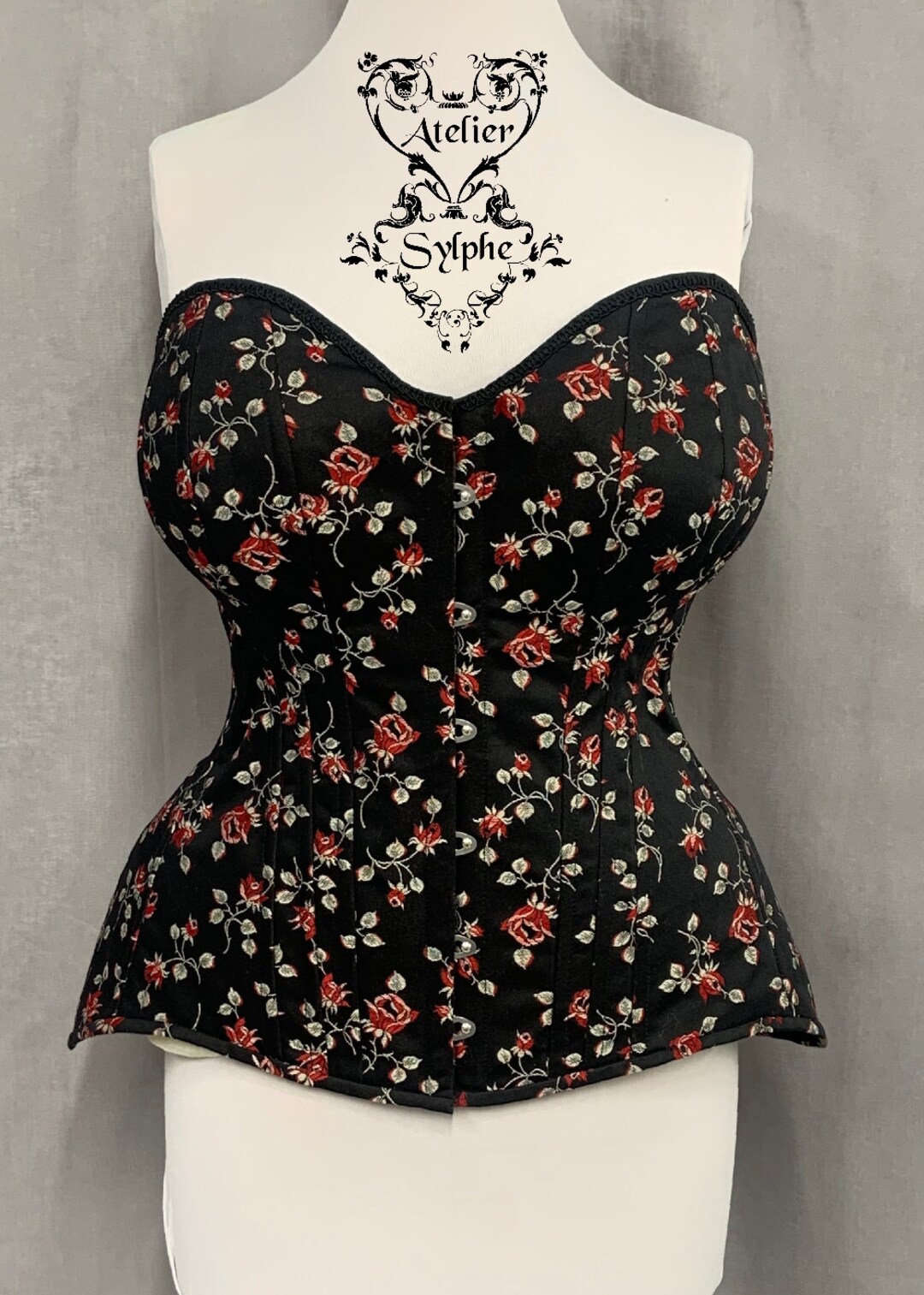 Corset 28 Inches Waist Size Black and Red Floral Coutil Fabric - Etsy