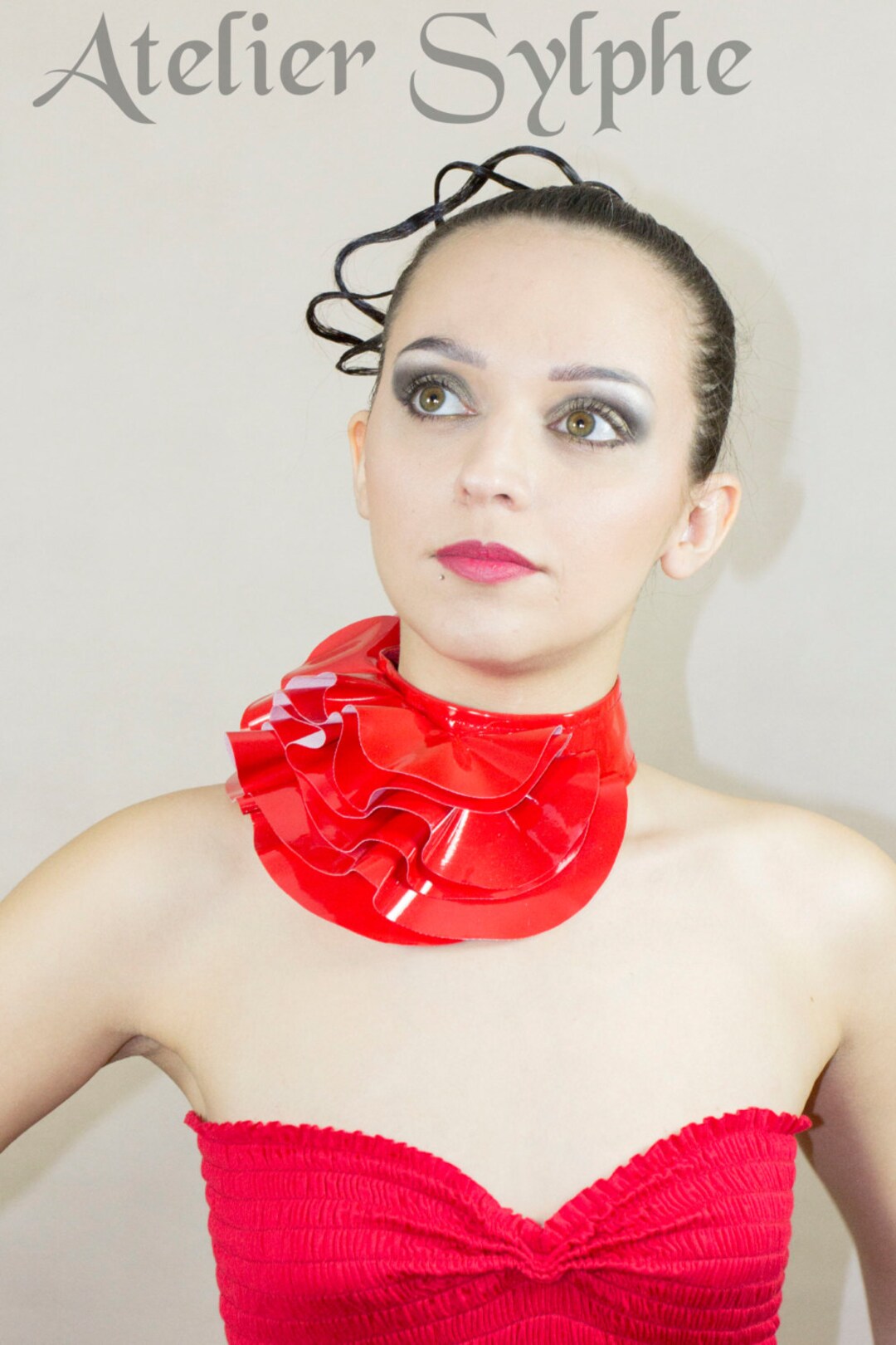 Red Fantasy Ruffle Neck Asymmetric Collar With Delicate Shiny PVC ...