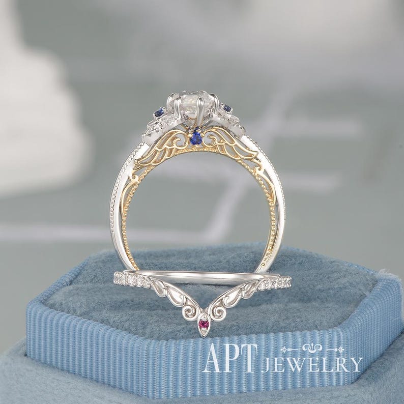 Marquise Moissanite Engagement Ring Set Two Tone Art Deco Angel Wings ...