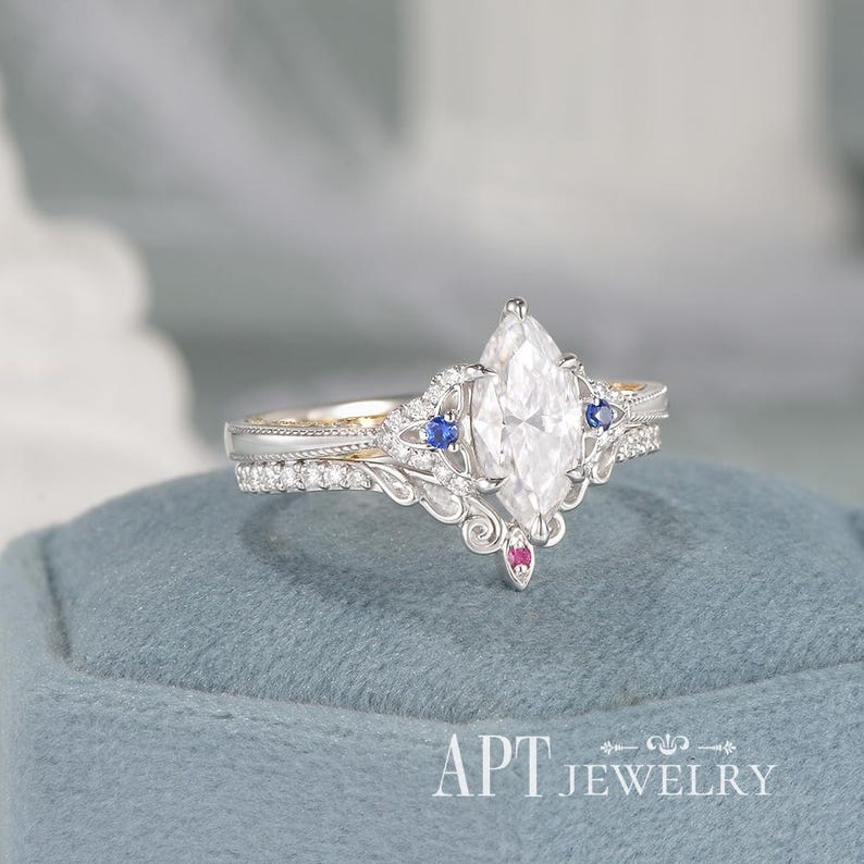 Marquise Moissanite Engagement Ring Set Two Tone Art Deco Angel Wings ...