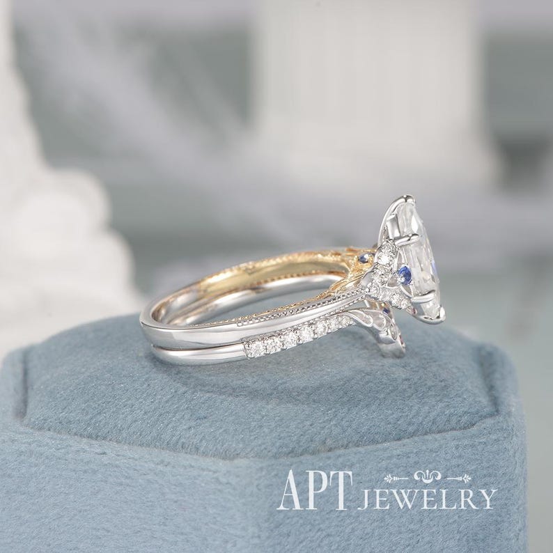 Marquise Moissanite Engagement Ring Set Two Tone Art Deco Angel Wings ...