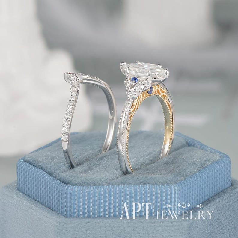 Marquise Moissanite Engagement Ring Set Two Tone Art Deco Angel Wings ...