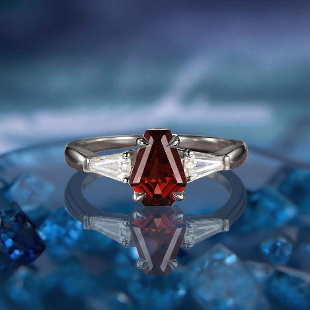 Gothic Three Stone Ring Coffin Cut Garnet Engagement Ring Black Gold ...