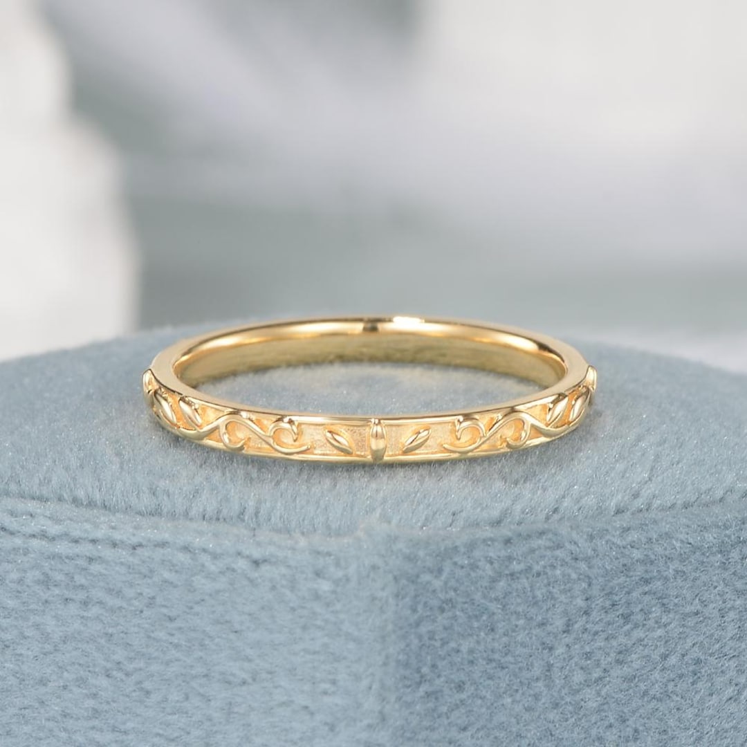 Vintage Vine Engraving Straight Wedding Band Yellow Gold Handmade Ring ...