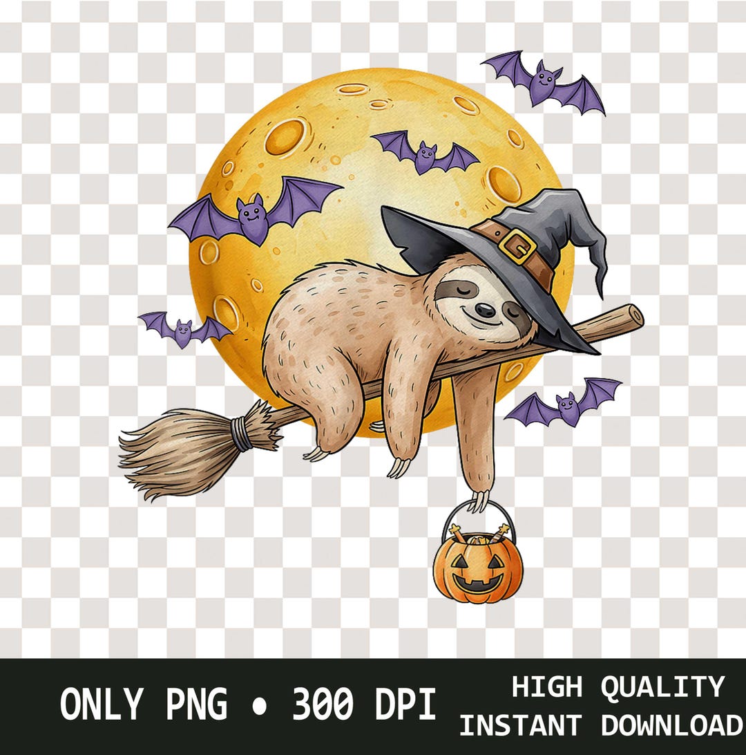 Halloween Sloth on Broom Digital File, Funny Halloween Design, Witch ...