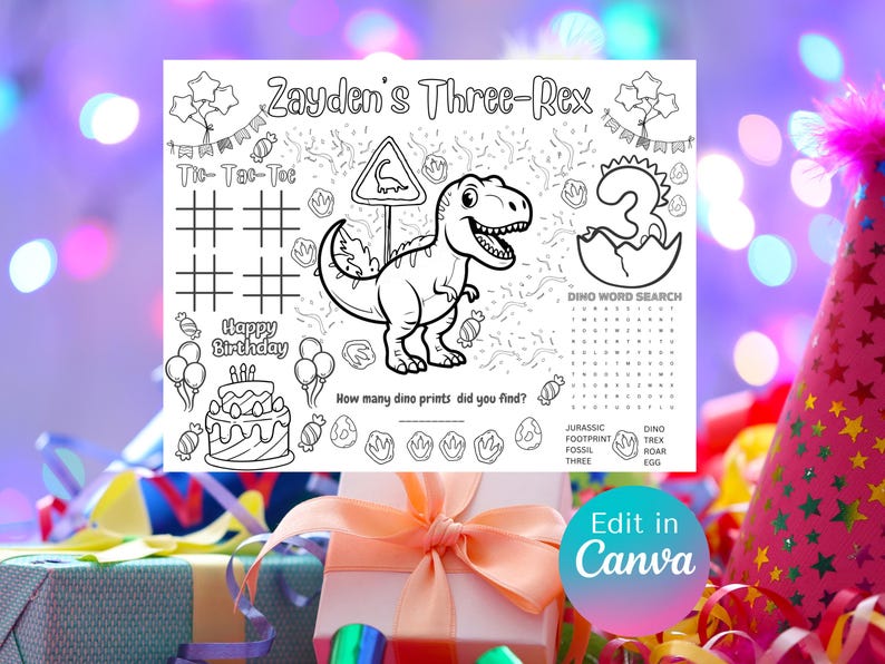 THREE REX Dinosaur Birthday Coloring Mat | 8.5x11” Editable Digital ...