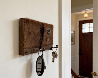 Rustic Key Holder | Antique Bronze Keys on Wood & Cowhide | Western ...