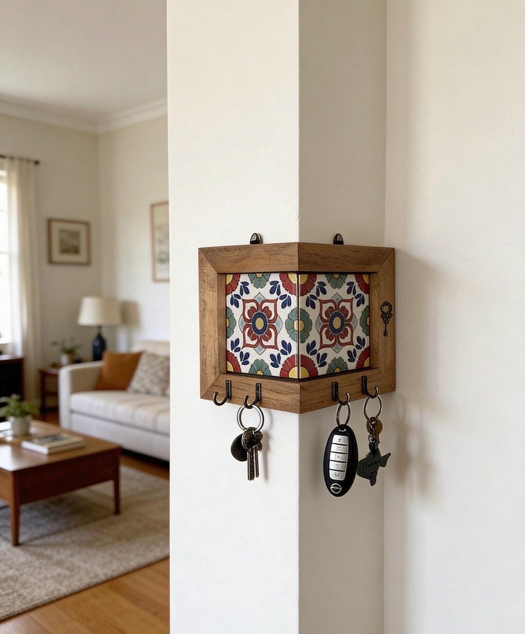Wooden Corner Key Rack With Spanish Tile Accent - Etsy
