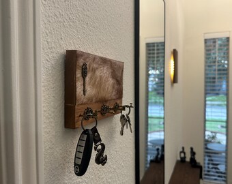 Rustic Key Holder | Antique Bronze Keys on Wood & Cowhide | Western ...
