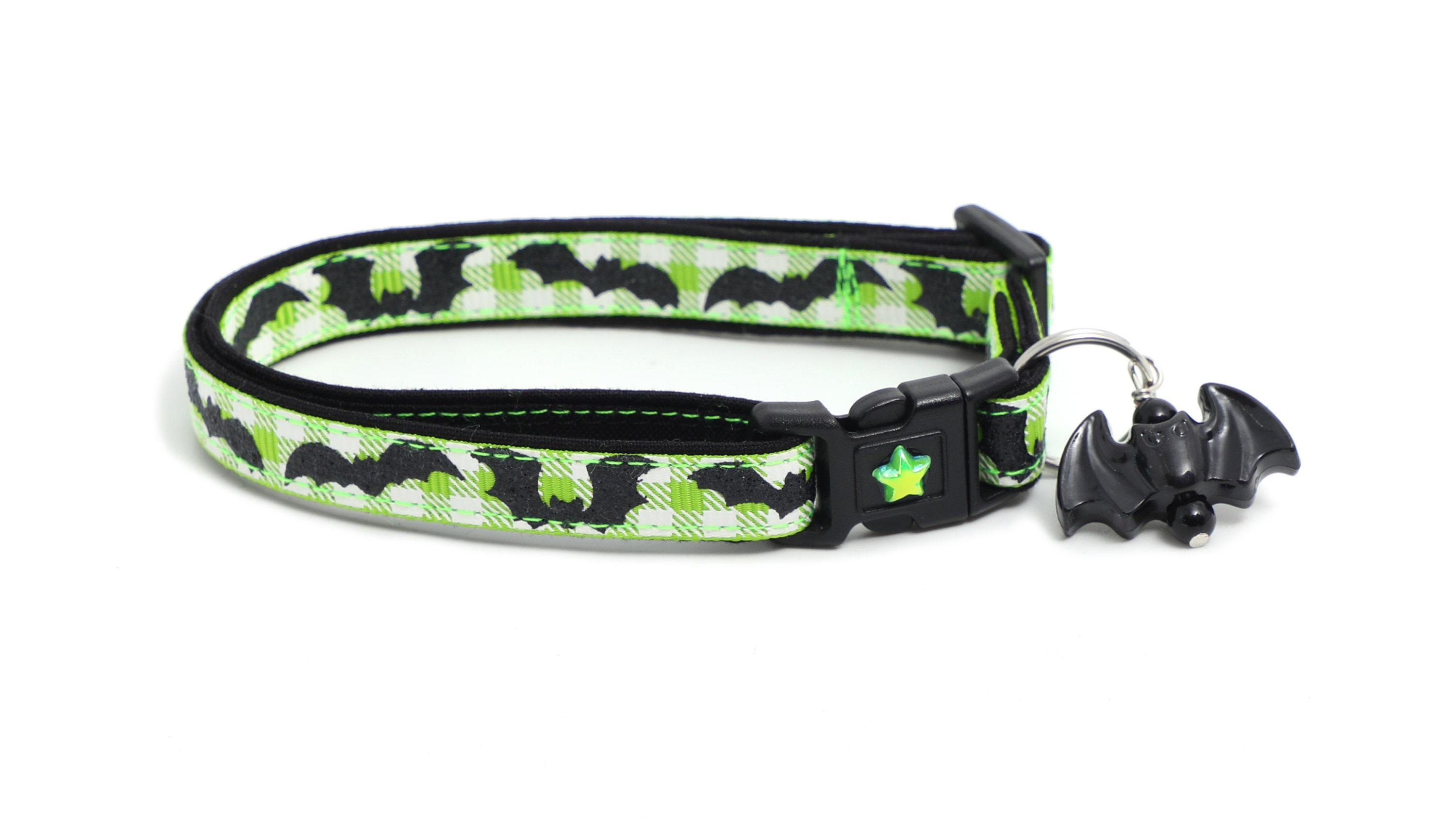 Halloween Cat Collar - Glitter Bats on Green Plaid - Kitten or Large ...
