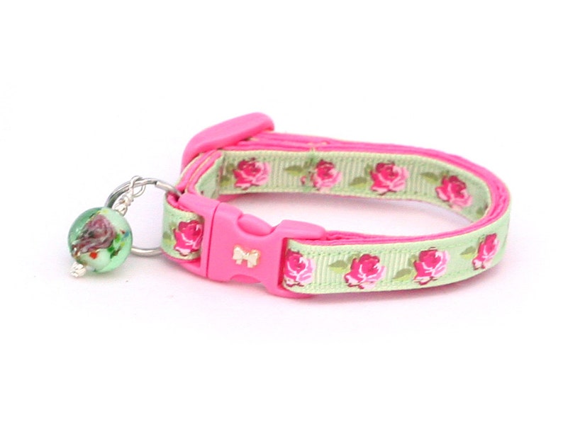 Floral Cat Collar Pink Tea Party Roses on Green Small Cat / | Etsy