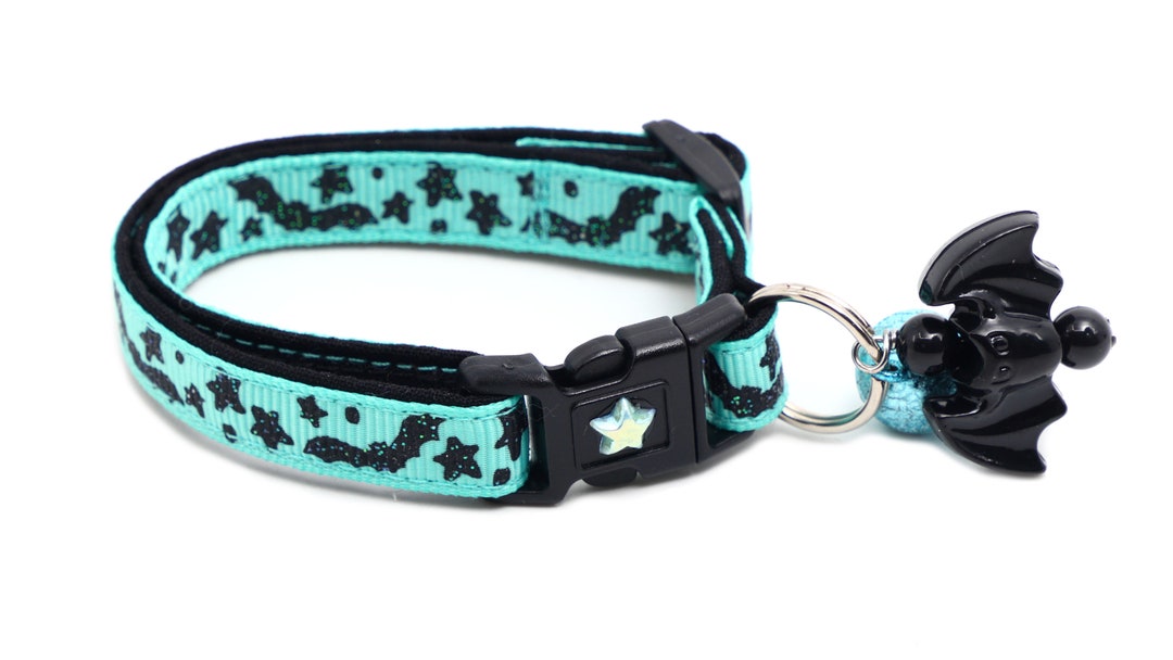 Halloween Cat Collar - Spooky Bats and Stars on Aqua - Kitten or Large ...