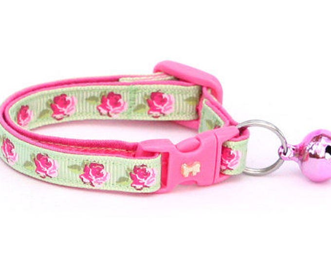 Floral Cat Collar Pink Tea Party Roses on Green Small Cat / - Etsy