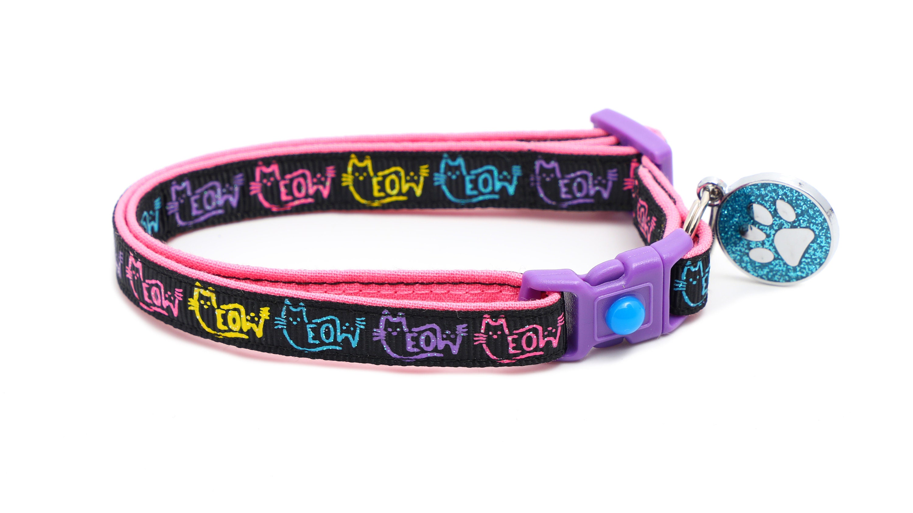 Meow Cat Collar - Colorful Meow on Black - Breakaway Cat Collar ...