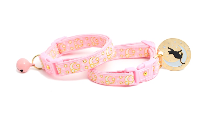 Moon Cat Collar - Gold Moons and Stars on Powder Pink - Breakaway Cat ...