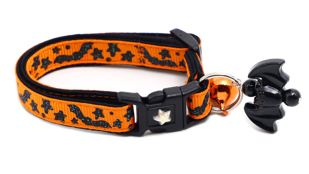Halloween Cat Collar - Spooky Bats and Stars on Orange -breakaway ...