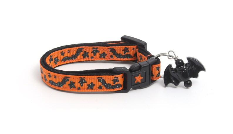 Halloween Cat Collar Spooky Bats and Stars on Orange | Etsy