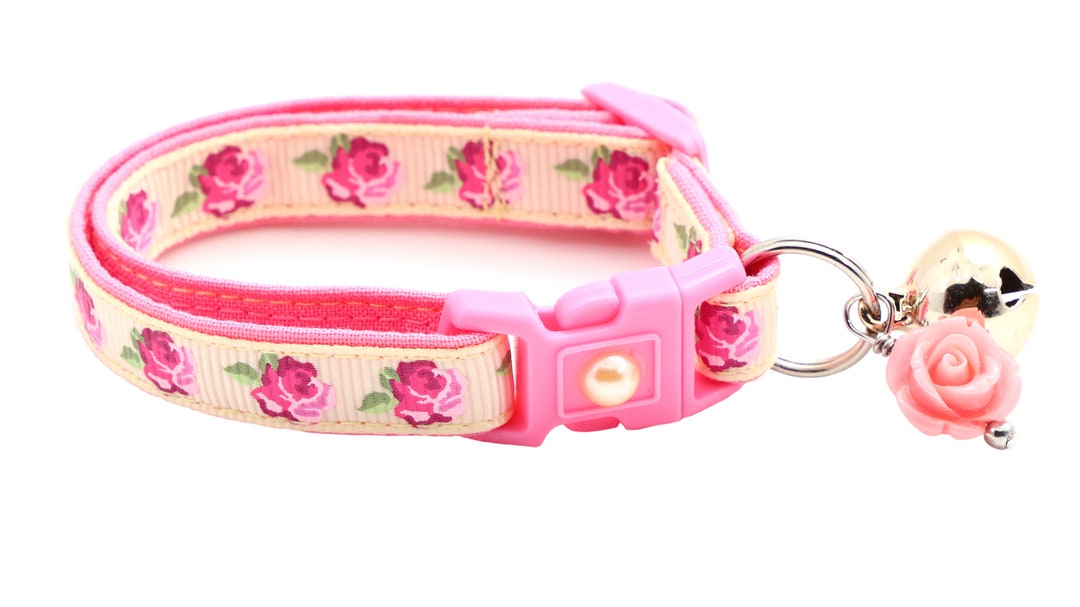 Floral Cat Collar - Pink Tea Party Roses on Cream - Breakaway Safety ...