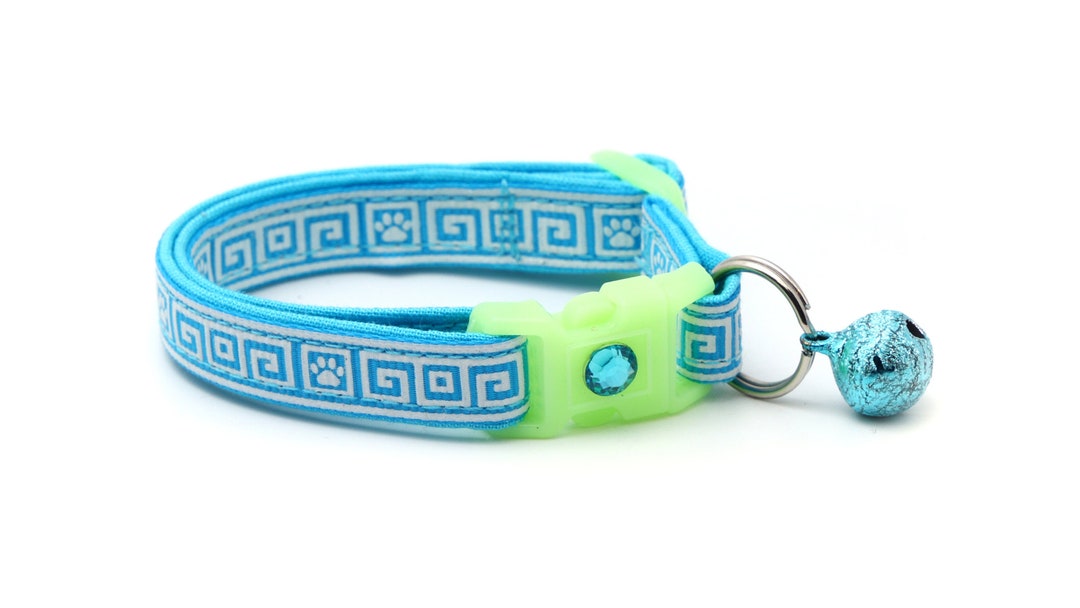 Greek Cat Collar - Greek Key on Blue - Matching ID Tag - Kitten or ...