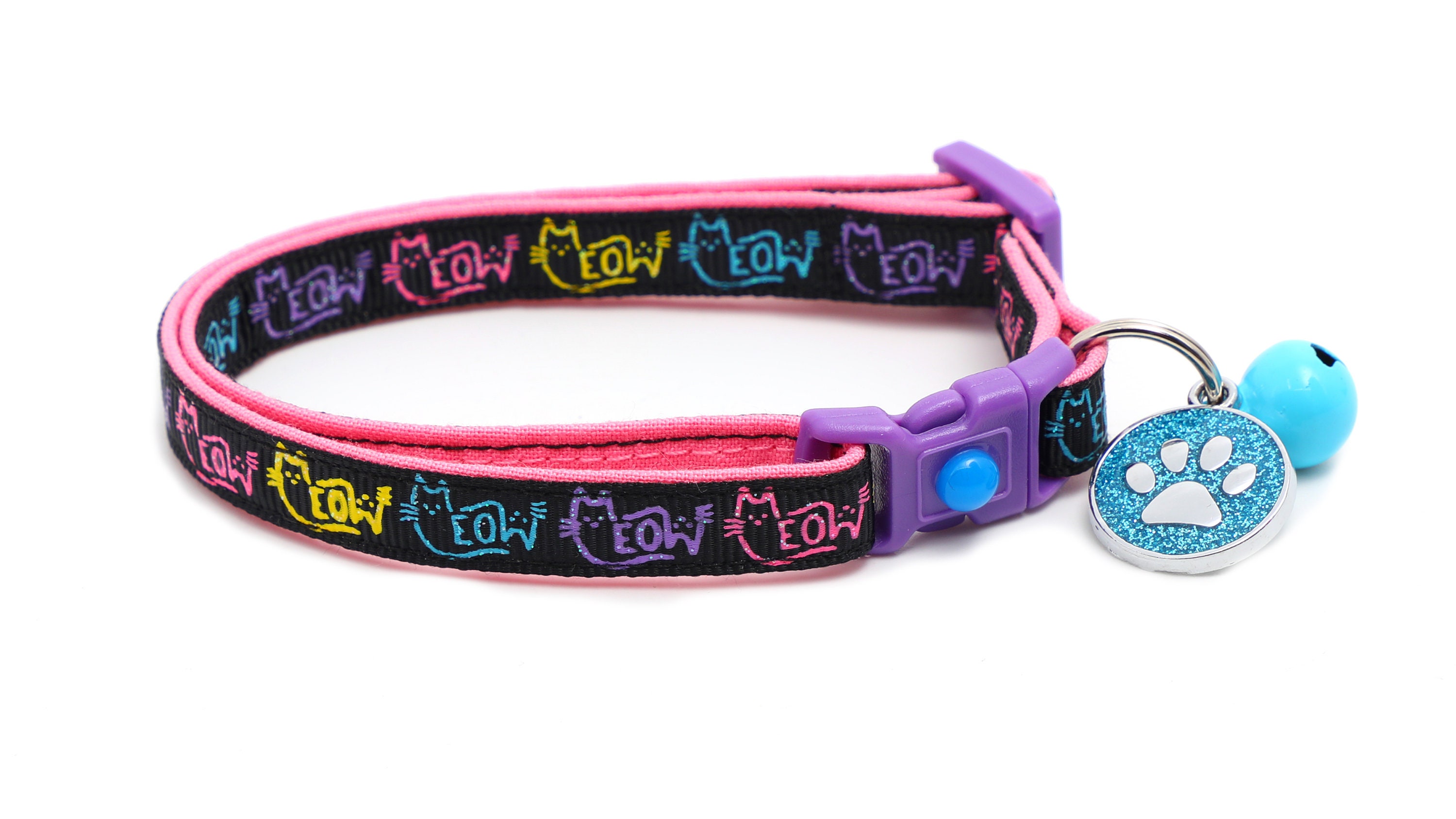 Meow Cat Collar - Colorful Meow on Black - Breakaway Cat Collar ...