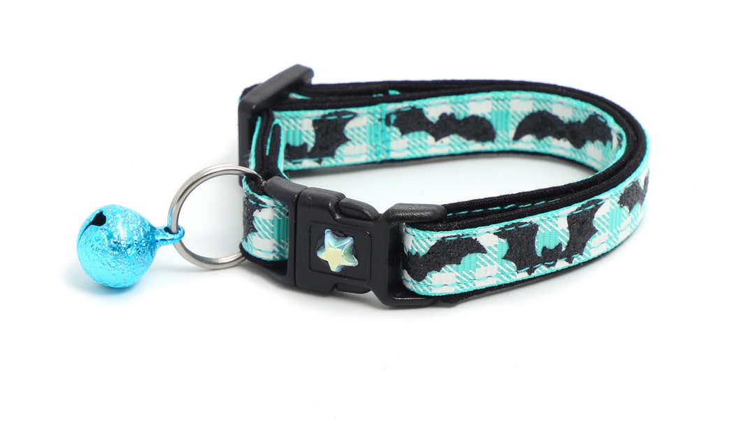 Halloween Cat Collar - Glitter Bats on Aqua Plaid - Kitten or Large ...