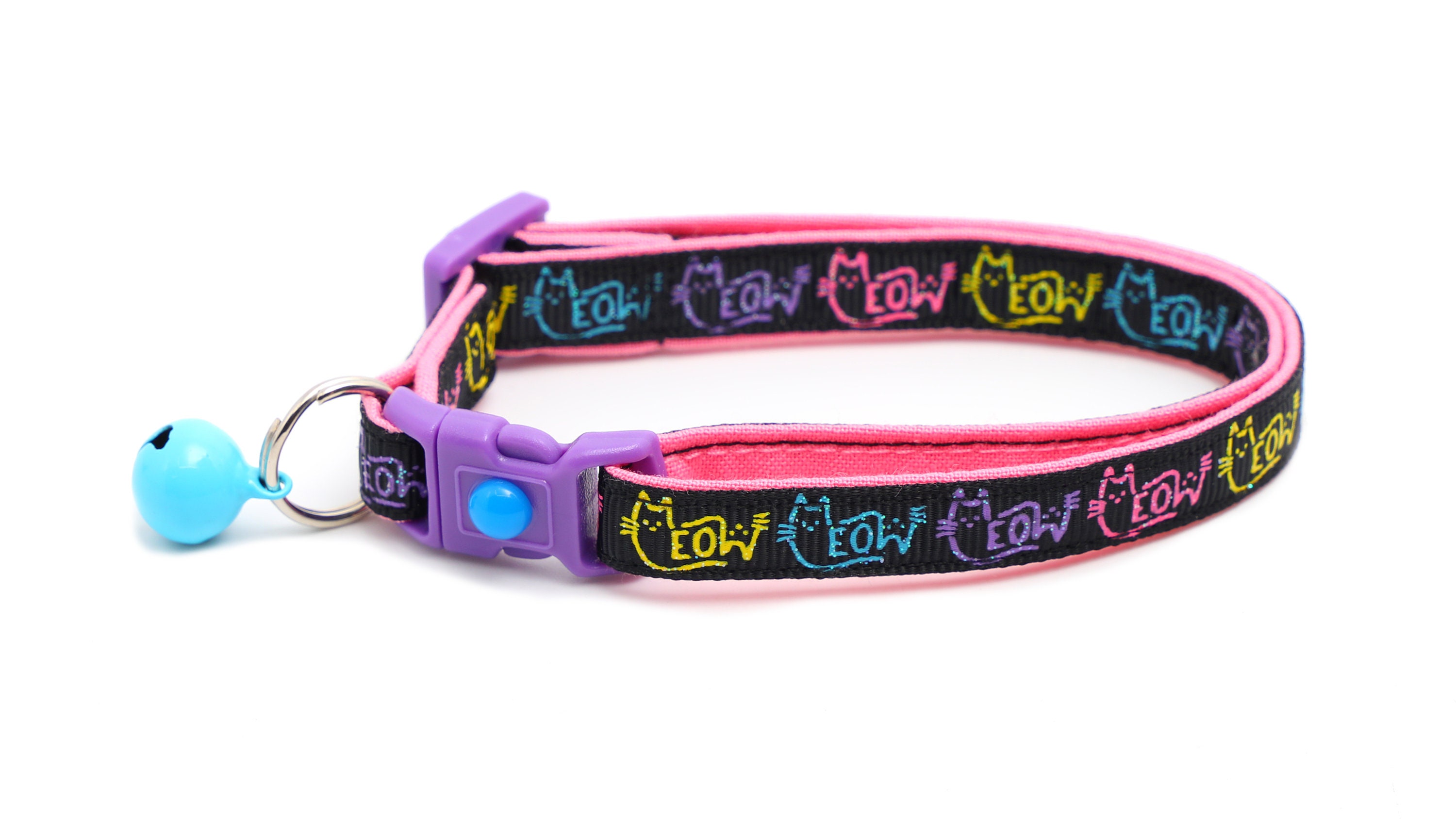 Meow Cat Collar - Colorful Meow on Black - Breakaway Cat Collar ...