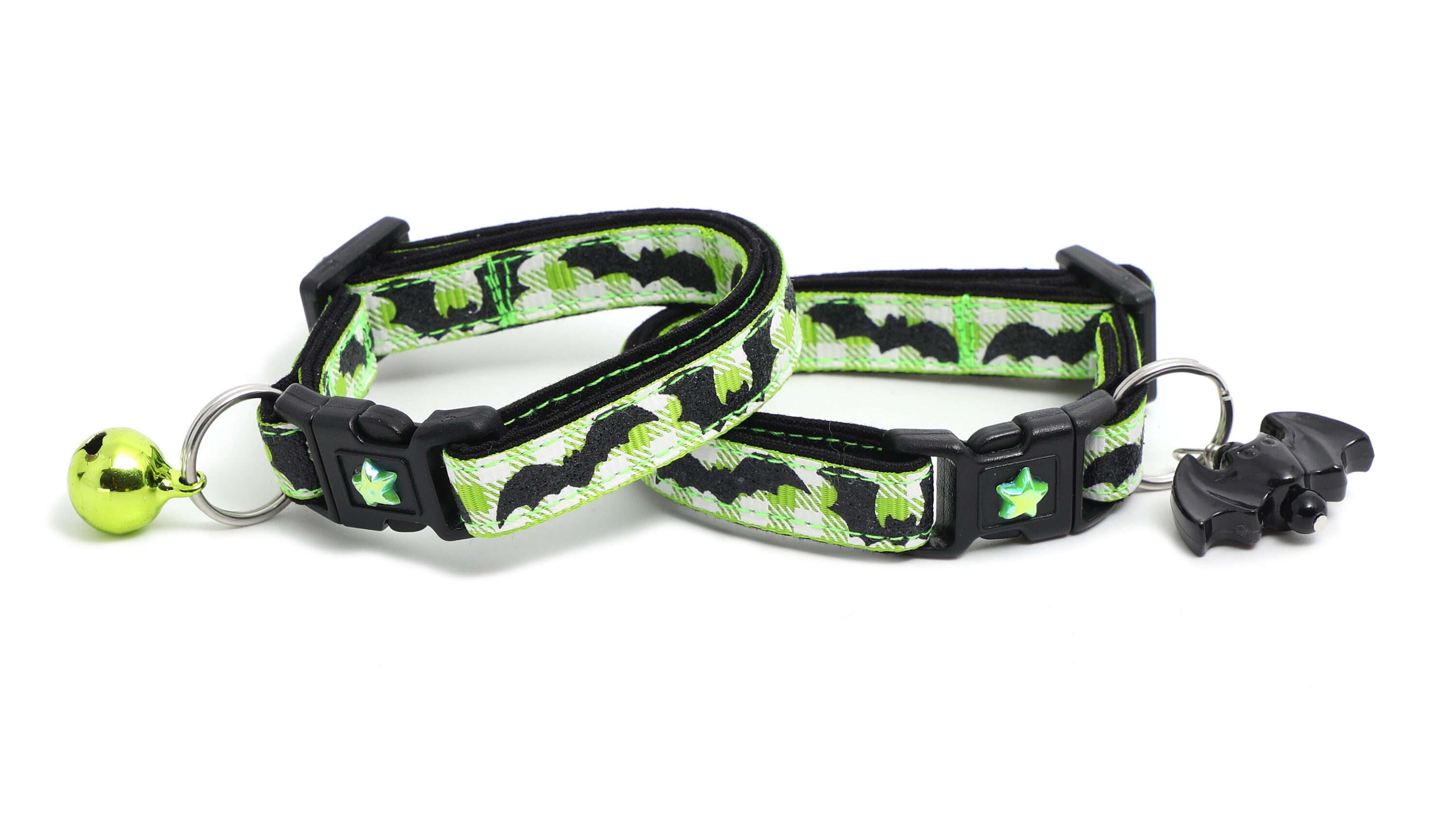 Halloween Cat Collar - Glitter Bats on Green Plaid - Kitten or Large ...