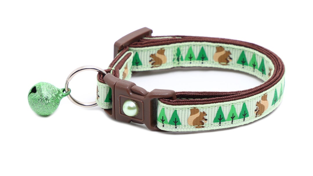 Woodland Cat Collar - Squirrels and Trees on Green - Small Cat / Kitten ...