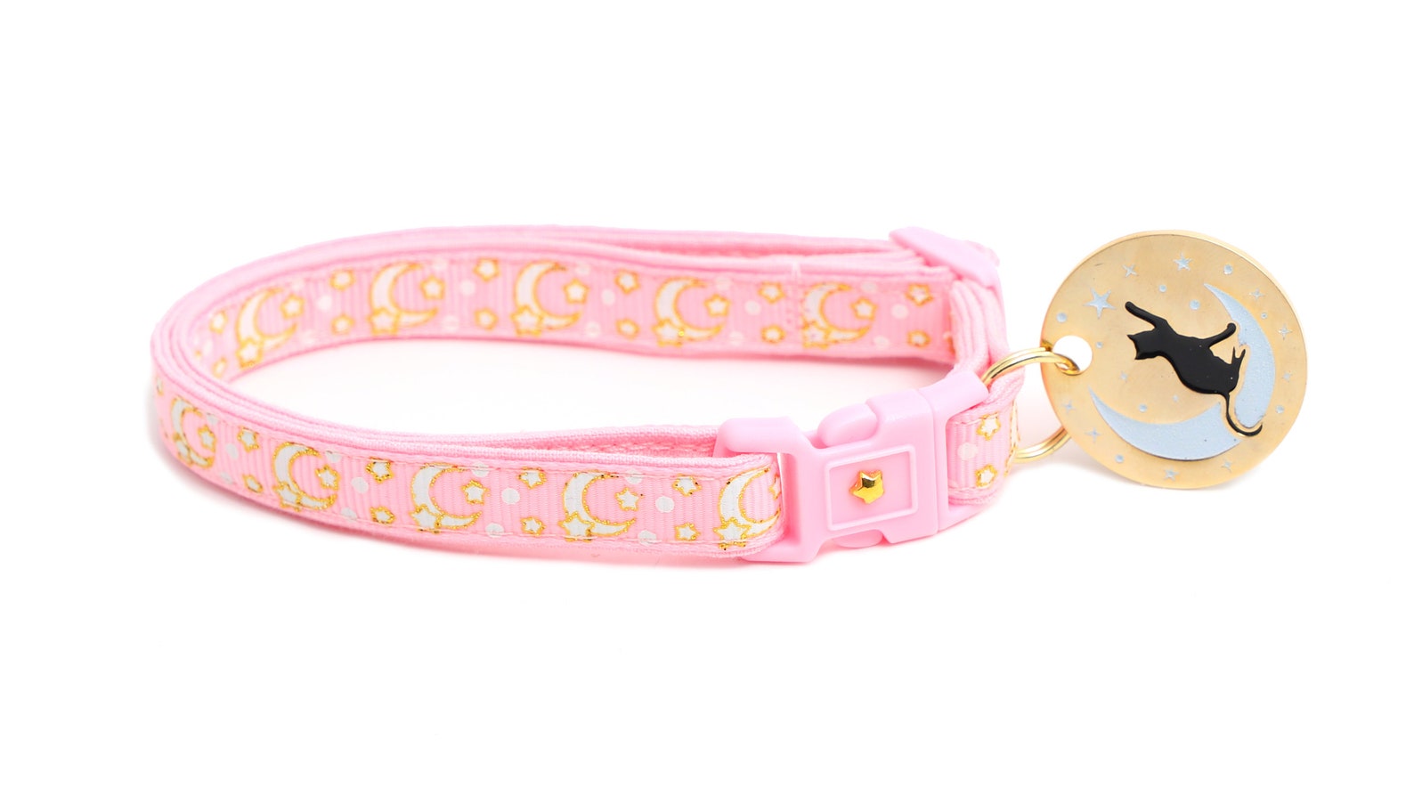 Moon Cat Collar - Gold Moons and Stars on Powder Pink - Breakaway Cat ...