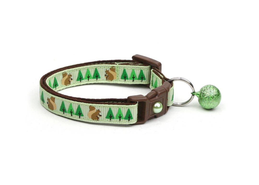Woodland Cat Collar Squirrels and Trees on Green Small Cat - Etsy