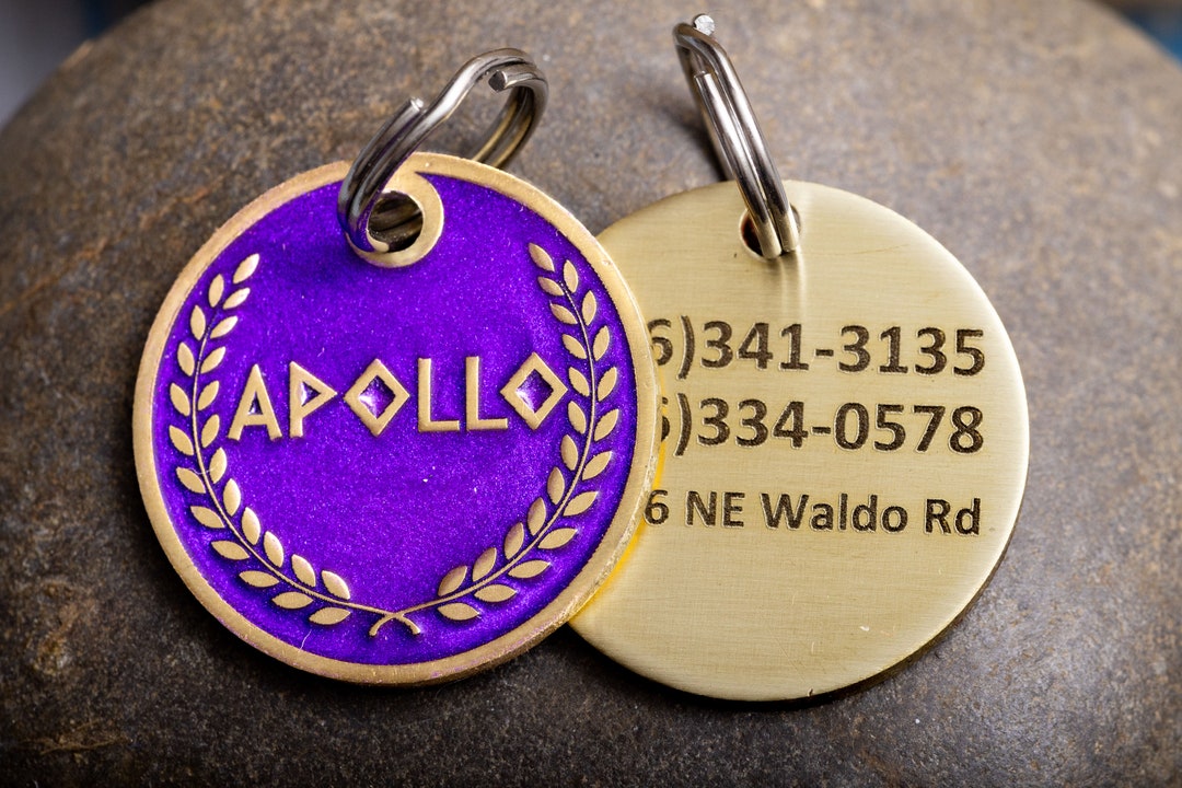 Engraved Greek Laurel Pet ID Tag - Cat or Dog Royal Purple and Gold ...
