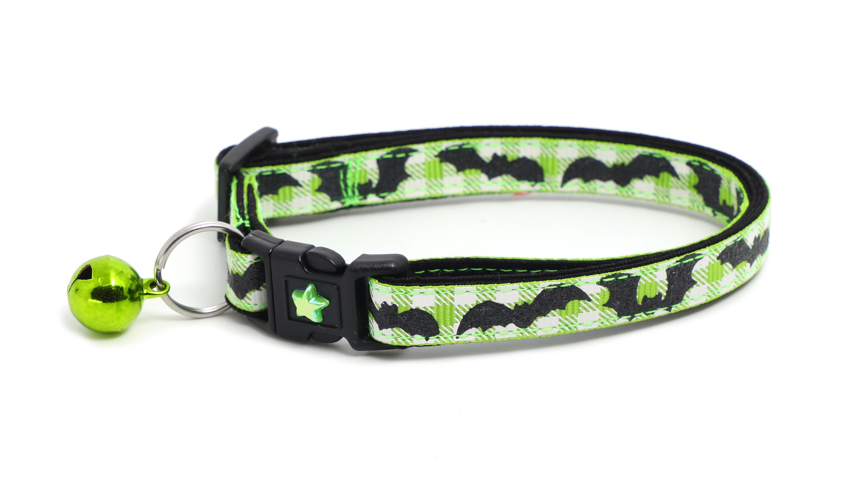 Halloween Cat Collar - Glitter Bats on Green Plaid - Kitten or Large ...